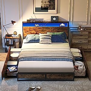 LINSY Full Size Bed Frame with 4 Drawers & Headboard, Bed Frame with RGB Lights & Fast Charger, Fast Assembly Bed Frame Full with Storage, No Box Spring Needed, Rustic Brown