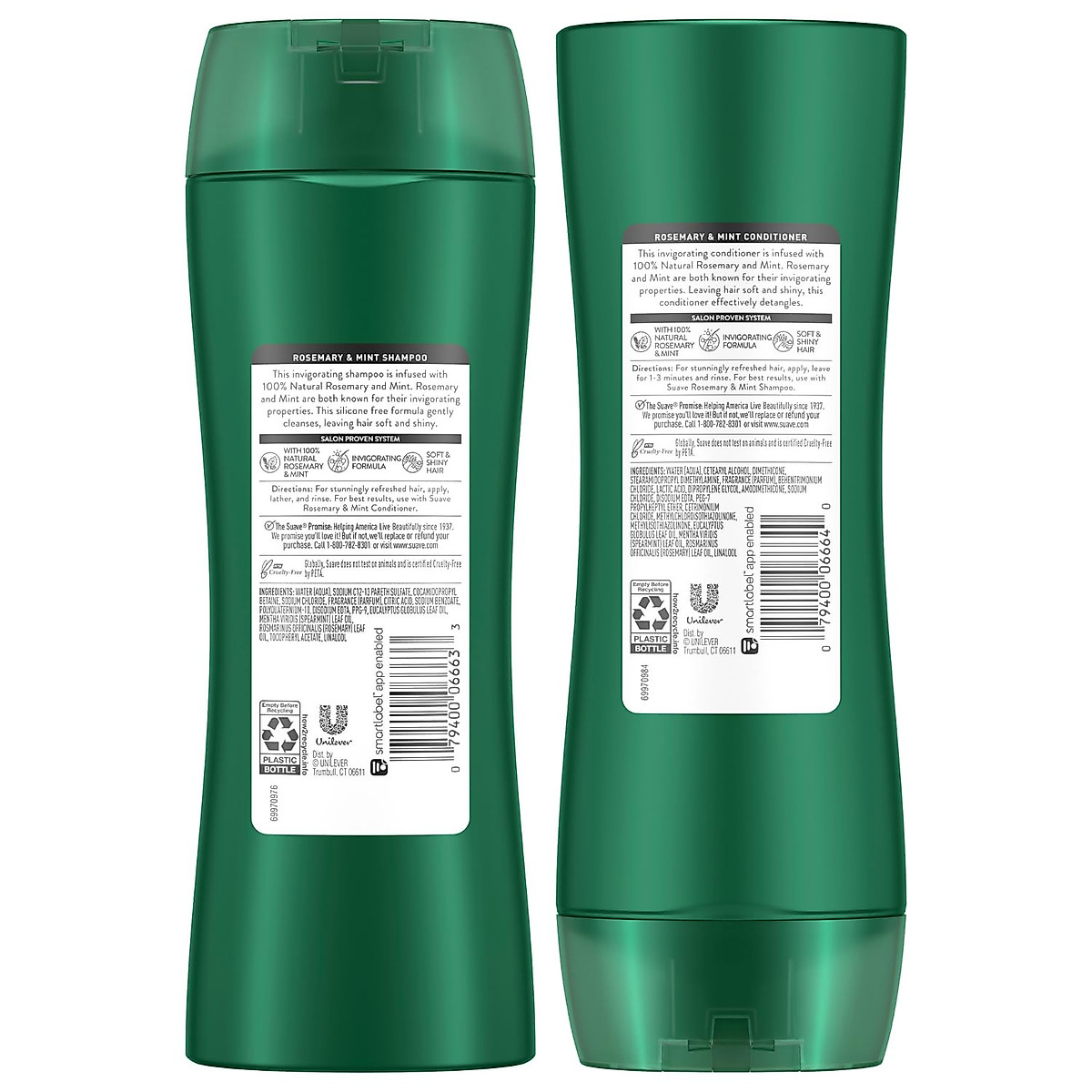 Suave Shampoo and Conditioner, Rosemary & Mint – Invigorating Formula with 100% Natural Essential Oils, 12.6 Oz Ea