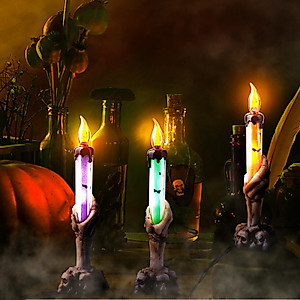 Halloween Solar Candle Light Stakes, 6 Pcs Skeleton Hands Hold Lighted Candle Paito Decor Pathway Makers, Waterproof Light Up Figurine for Outdoor Indoor Halloween Party Decorations