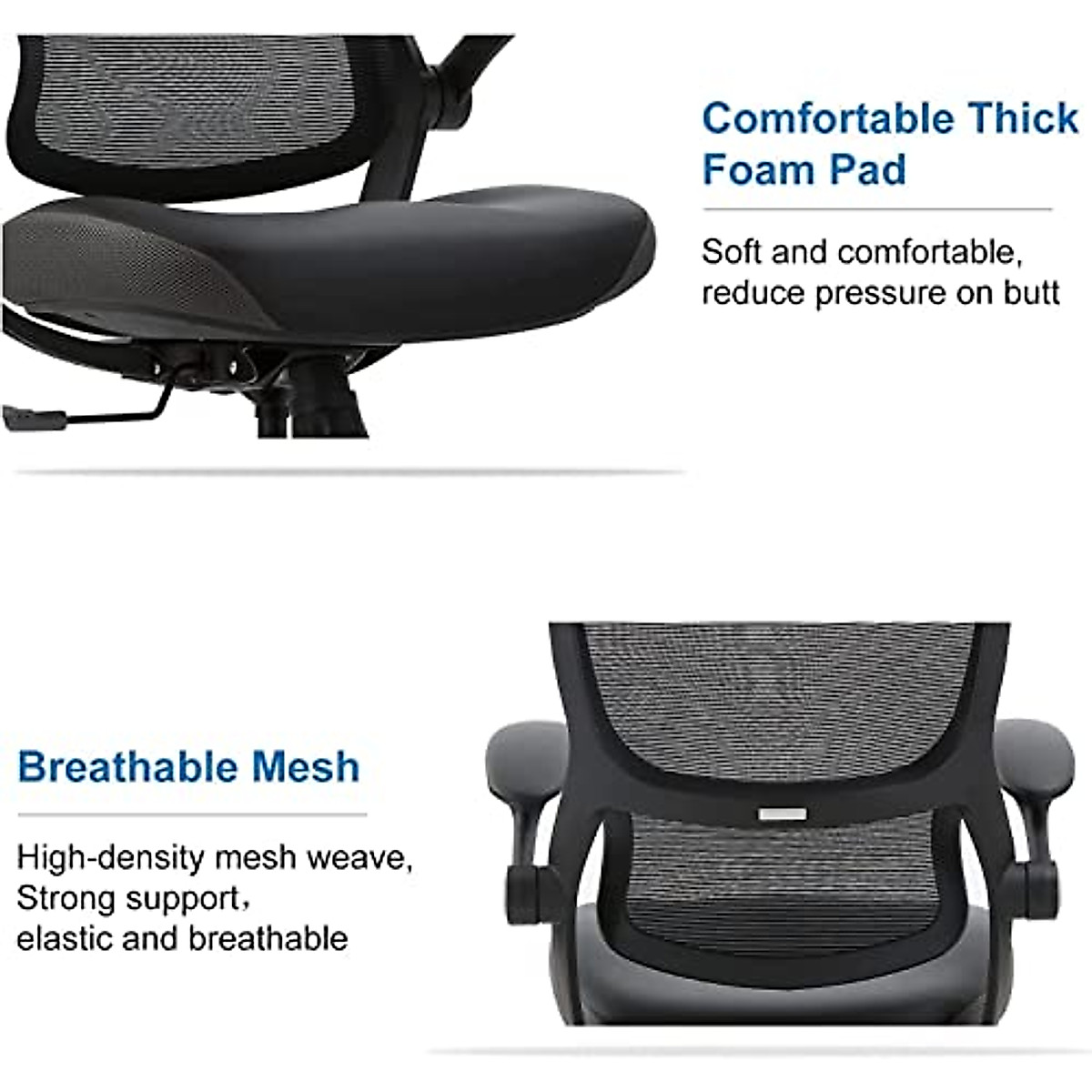 Office Chair Ergonomic Desk Chair - PU Leather Cushion Mesh High Back with Lumbar Support Computer Chair, Adjustable Flip Up Arms, Home Office Desk Chair