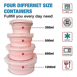 Silicone Collapsible Food Storage Container with Airtight Lid and Air Vent-4 Pack Foldable Meal Prep Round Lunch Box for Kitchen,Stackable & space saving,Microwave,Dishwasher and Freezer Safe (Pink)