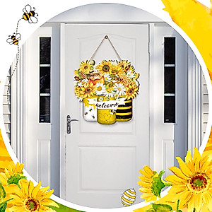 Spiareal Bee Welcome Wood Door Yellow Bee summer Hanger Wooden Sign Farmhouse Wall Porch Art Summe Wreath Hanging for Front Door Decoration