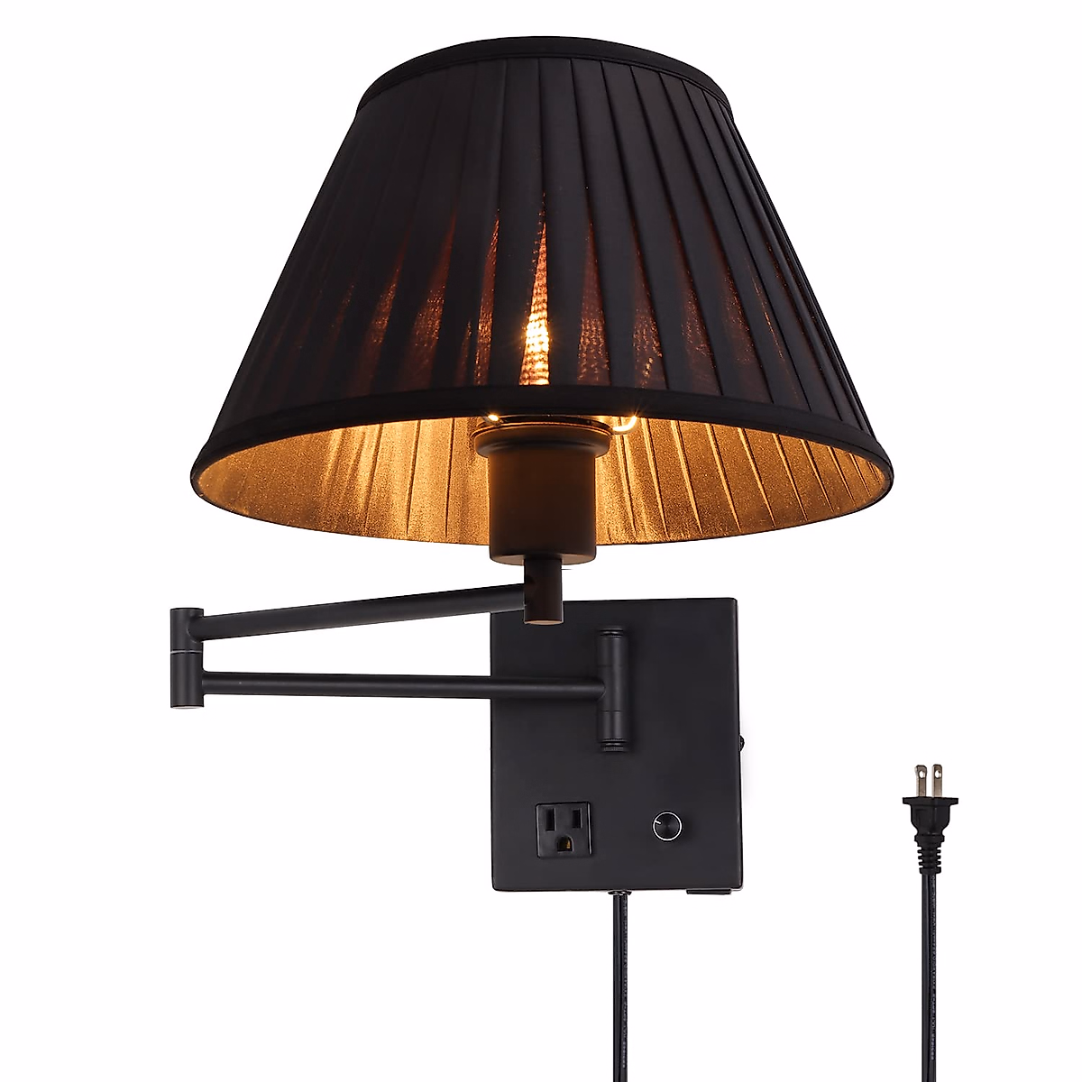 Plug in Wall Sconce 17"Swing Arm Wall Lamp with Plug in Cord and Dimmable Switch Black Sconces Wall Lighting with USB Port and AC Outlet Wall Mounted Lamp Suitable for Bedroom Living Room hallway.