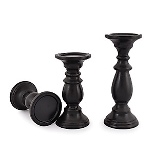 SAMHITA Set of 3 Farmhouse Mango Wood Candle Holders, in Black Finish for Table Centerpiece Candle for Any Room Decor