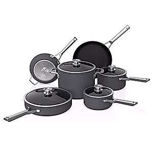 Ninja NeverStick Premium 10 Piece Pots & Frying Pans Set, with Glass Lids, Nesting, Hard Anodized, Kitchen Cookware Sets Nonstick, Durable & Oven Safe to 500°F, Slate Grey, C59500