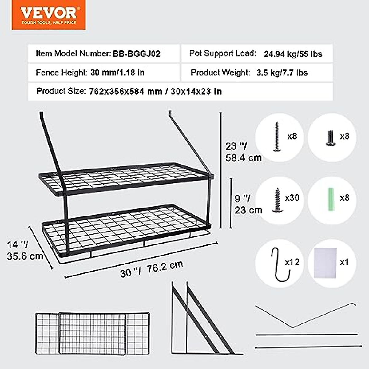 VEVOR Pot Rack Wall Mounted, 30 inch Pot and Pan Hanging Rack, Pot and Pan Hanger with 12 S Hooks, 55 lbs Loading Weight, Ideal for Pans, Utensils, Cookware in Kitchen