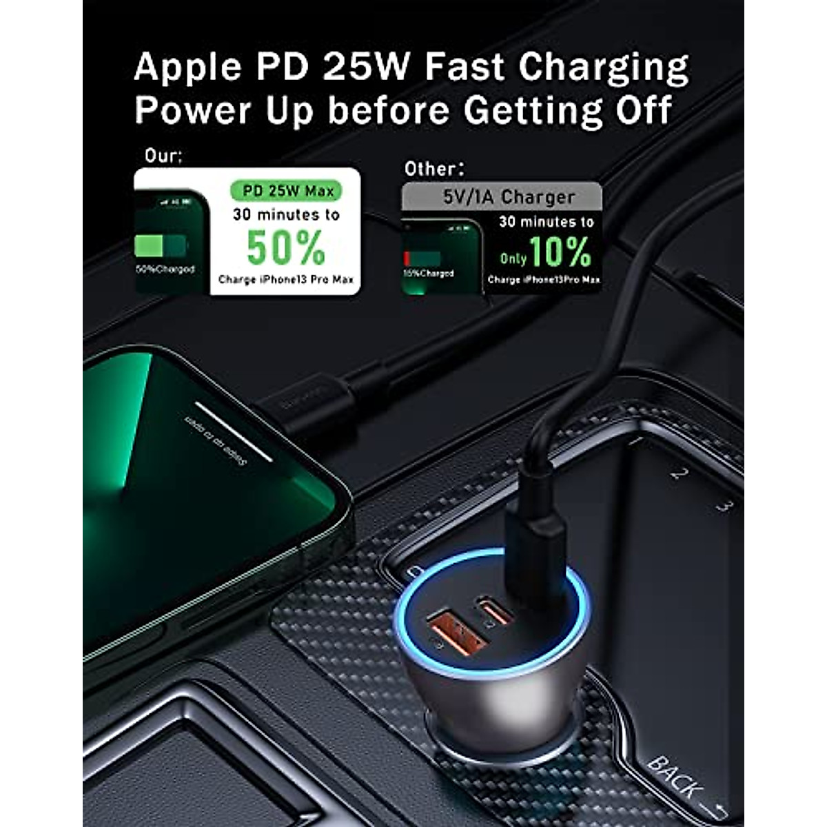 65W USB C Car Charger, Baseus QC3.0 PD3.0 Type C Car Charger, 3 Ports Independent Fast Charging Car Charger Phone Adapter for iPhone 14 13 12 Pro Max XS X, Samsung, iPad Pro/Air, AirPods (Dark Gray)