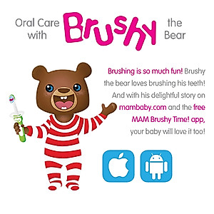 MAM Learn to Brush Set (1 Baby's Brush Toothbrush, 1 Training Brush, 1 Safety Shield), Baby Toothbrushes with Brushy The Bear, Interactive App, for Girls 5+ Months, Pink
