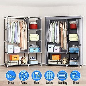 KEKIWE Portable Closet, Wardrobe Closet for Hanging Clothes with 1 Hanging Rods, 6 Storage Organizer Shelves, Easy to Assemble, Space Saving for Bedroom, 43 x 17.7 x 66 Inches, Grey