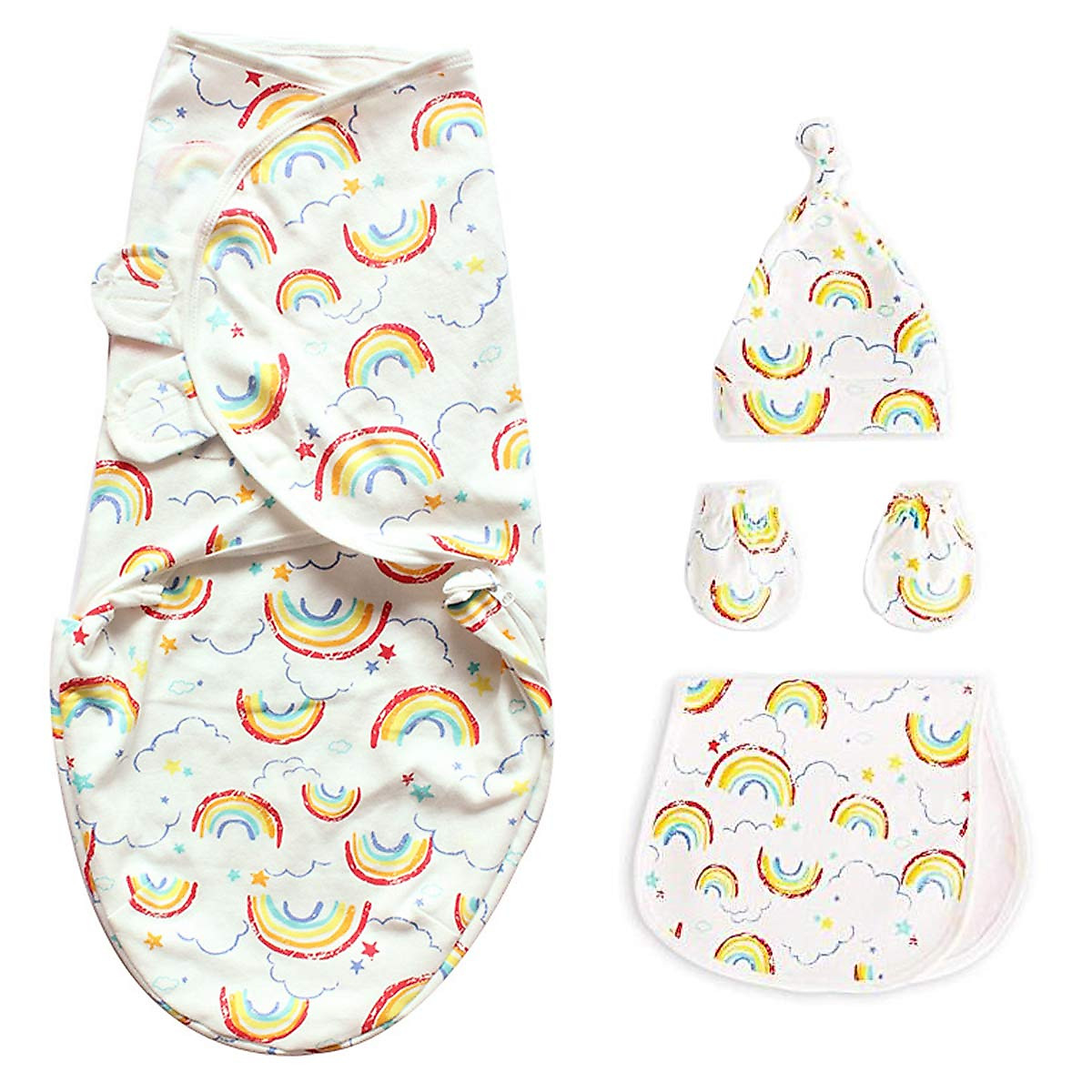 Baby Swaddle Wrap Newborn Cotton Blanket Rainbow Infant Sleeping Sack Set Include Sleeping Bag Crib Wrap+Hat+Gloves+Burp Cloth