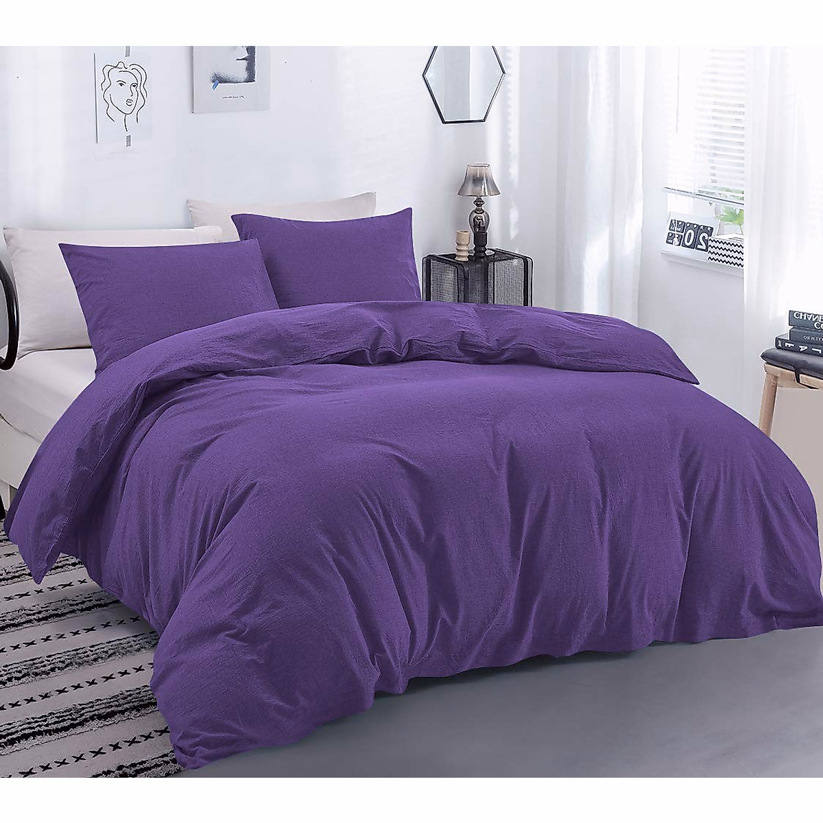 USHA BEDDING'S Duvet Cover Set Super King Size - 800 Thread Count 100% Egyptian Cotton Premium 3 Piece Duvet Set- Breathable with Zipper Closure- Super King(108" x 98") inches- Purple Solid