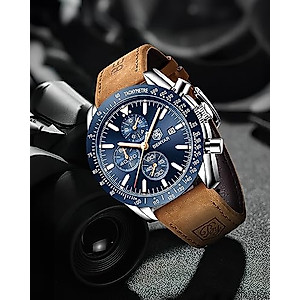BY BENYAR Mens Analog Quartz Chronograph Waterproof Luminous Leather Watch Business, Work, Sport, Casual, Fashion - Elegant Gift for Men