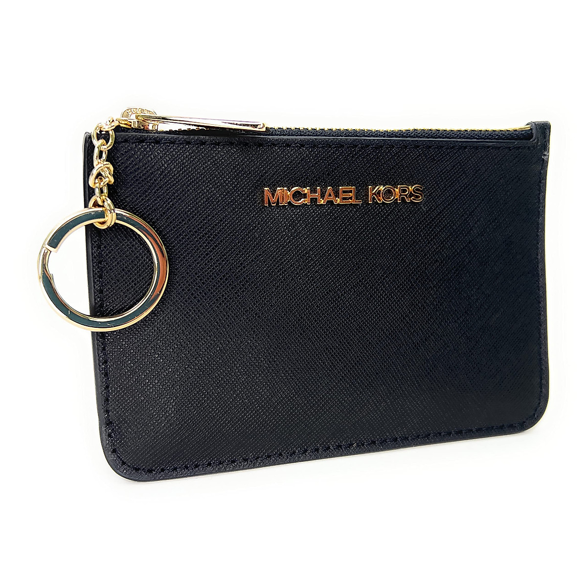 Michael Kors Jet Set Travel Small Top Zip Coin Pouch with ID Holder in Saffiano Leather (Black with Gold Hardware)