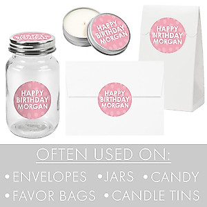 Personalized Happy Birthday Party Favor Stickers with Name - Custom Envelope Seals, Bag Stickers - 1.75 in. Round - 40 Labels (Light Pink)