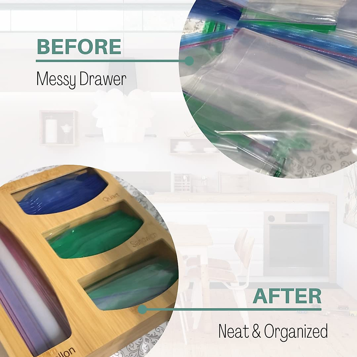 Premium Bamboo Plastic Bag Storage Organizer and Baggie Dispenser ┃ Gallon, Quart, Sandwich, Snack Sizes ┃ Food Bags Holders in Kitchen Drawers, Pantry, or Wall Mount | by ZIRGLIO (4 Slots)