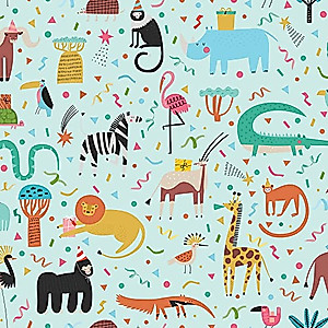 Party Safari Animals Birthday Gift Wrap by Revel—Safari Animal Wrapping Paper Folded flat, 27 x 39 inches for Birthdays and Baby Showers with Lions, Giraffes, Gorillas, Snakes, Zebras, Flamingos, Rhinos, Ant Eaters and Monkeys