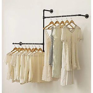 Industrial Pipe Clothing Rack Wall Garment Rack with Pipe Clothes Rails, Multi-Purpose Heavy Duty Clothes Hanging Rods Space-Saving Clothes Bar Organizer Closet (wall clothing rack-2 hanging rods)