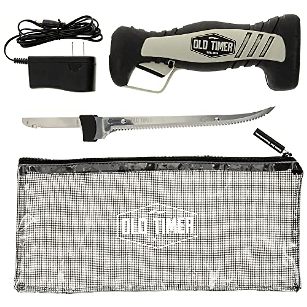 Old Timer Cordless Electric Fillet Knife with 8in Fully Serrated Stainless-Steel Blade, Trigger Lock, Rechargeable Battery, and Self Draining Case for Fishing, Meat Carving, Filleting, and Outdoors