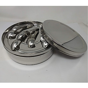 Tabakh Stainless Steel Sada Masala Dabba Spice Container Box - 7 Containers & 7 Spoons - 8.5-Inches
