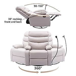 GNMLP2020 Swivel Rocking Recliner Chair, Manual Recliner Chair with Cell Phone Holder, PU Leather Small Rock Recliner Easy to Operate Reclining for Living Room, Nursery, Beige