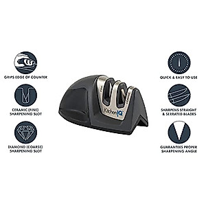 KitchenIQ 50825 | Diamond Deluxe Edge Grip 2-Stage Knife Sharpener | Black | Coarse & Fine Sharpeners | Compact for Easy Storage | Non-Slip Base | Soft Grip Rubber Handle | Straight & Serrated Knives