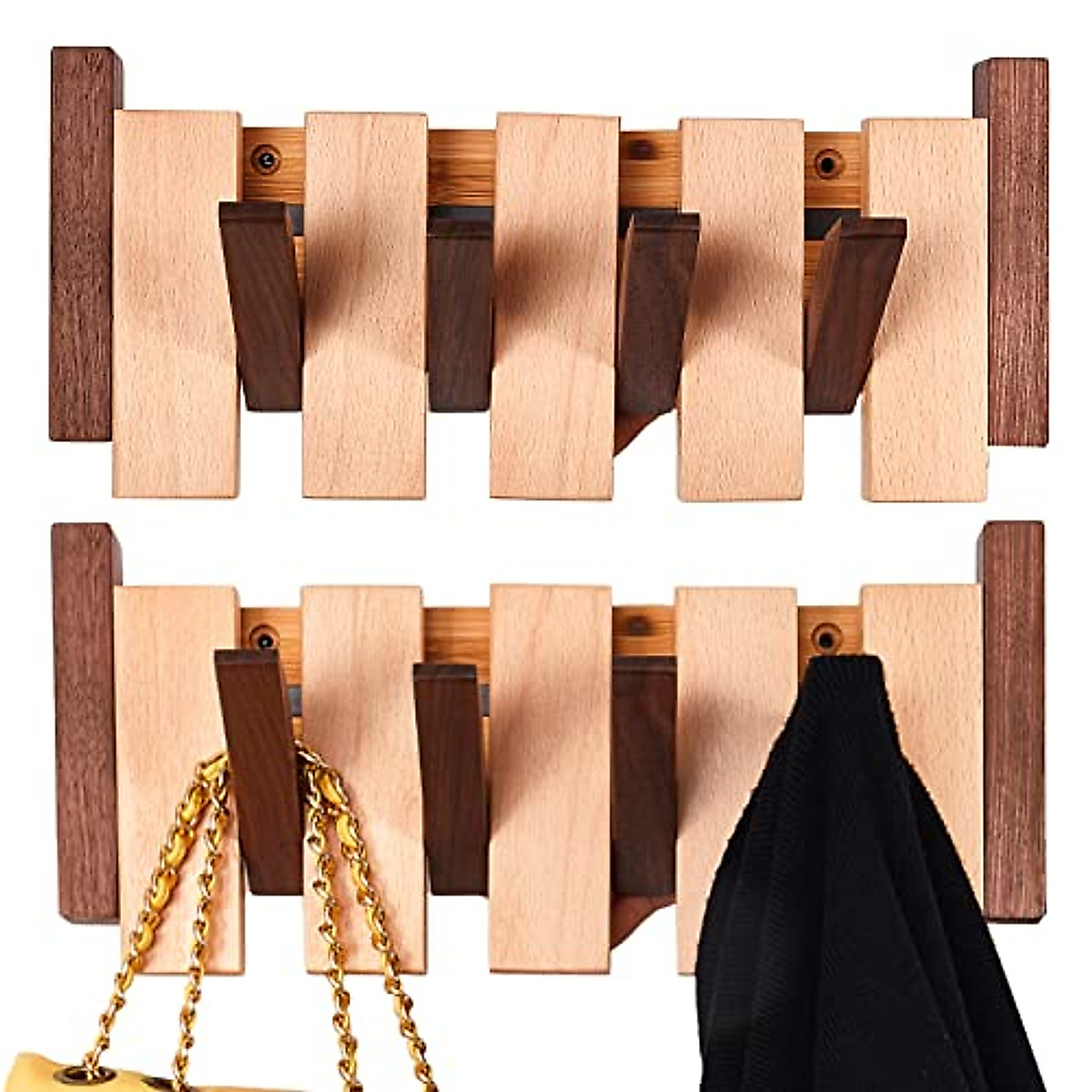 2 Pcs Wood Coat Piano Hooks with 4 Flip Down Hooks Decorative Wooden Wall Mounted Rack Hooks Handmade Natural Walnut Wood and Beech Artwork Coat Hangers Multi Rack for Towel Hat Key Scarfs Purses Bag