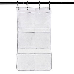 2 Pack Mesh Shower Organizer Hanging Mesh Pockets Bathroom Caddy 6 Pockets Hang Curtain Rod with 4 Rings, Shampoo Shower Organizer, Quick Dry, Space Saving