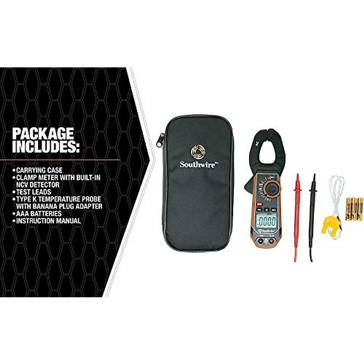 Southwire 21510N clamp meter; third-hand test probe holder; 400A AC current range; CAT III 600V safety rating; built-in non-contact voltage detector; 5 year warranty; Black Brown