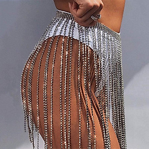 Fairyu Rhinestone Tassel Belly Waist Chains Sexy Beach Rave Body Chains Skirt Accessories for Women and Girls (Silver)