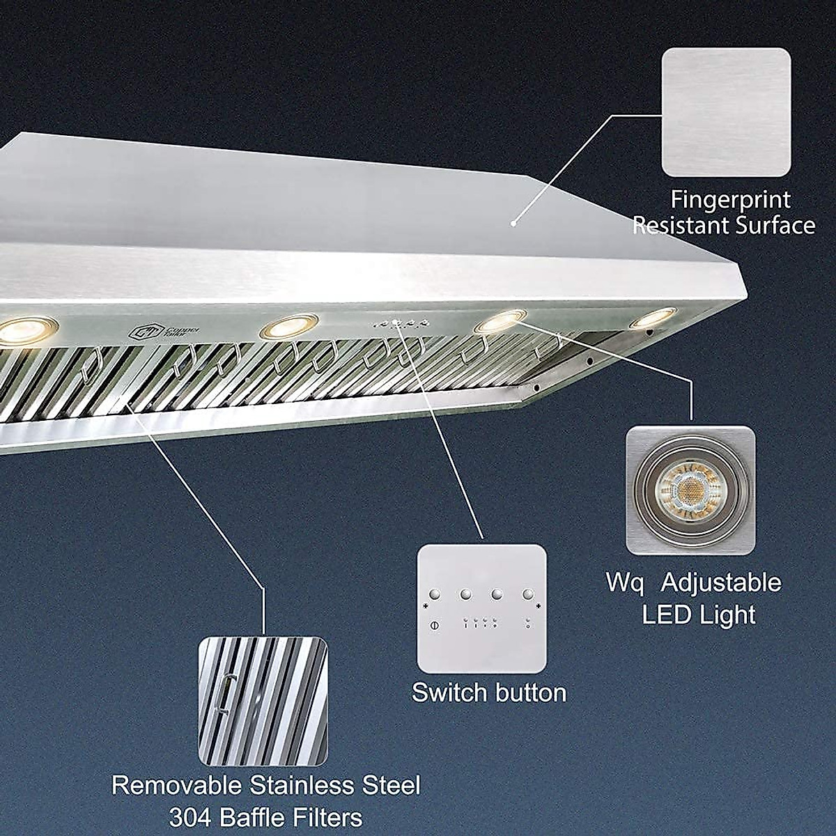 CT Copper Tailor Built-in Range Hood Insert Vent 48 Inch, 1150 CFM with 4-Speed Fan, LED Light, Dishwasher-safe Baffle Filter,Stainless Steel