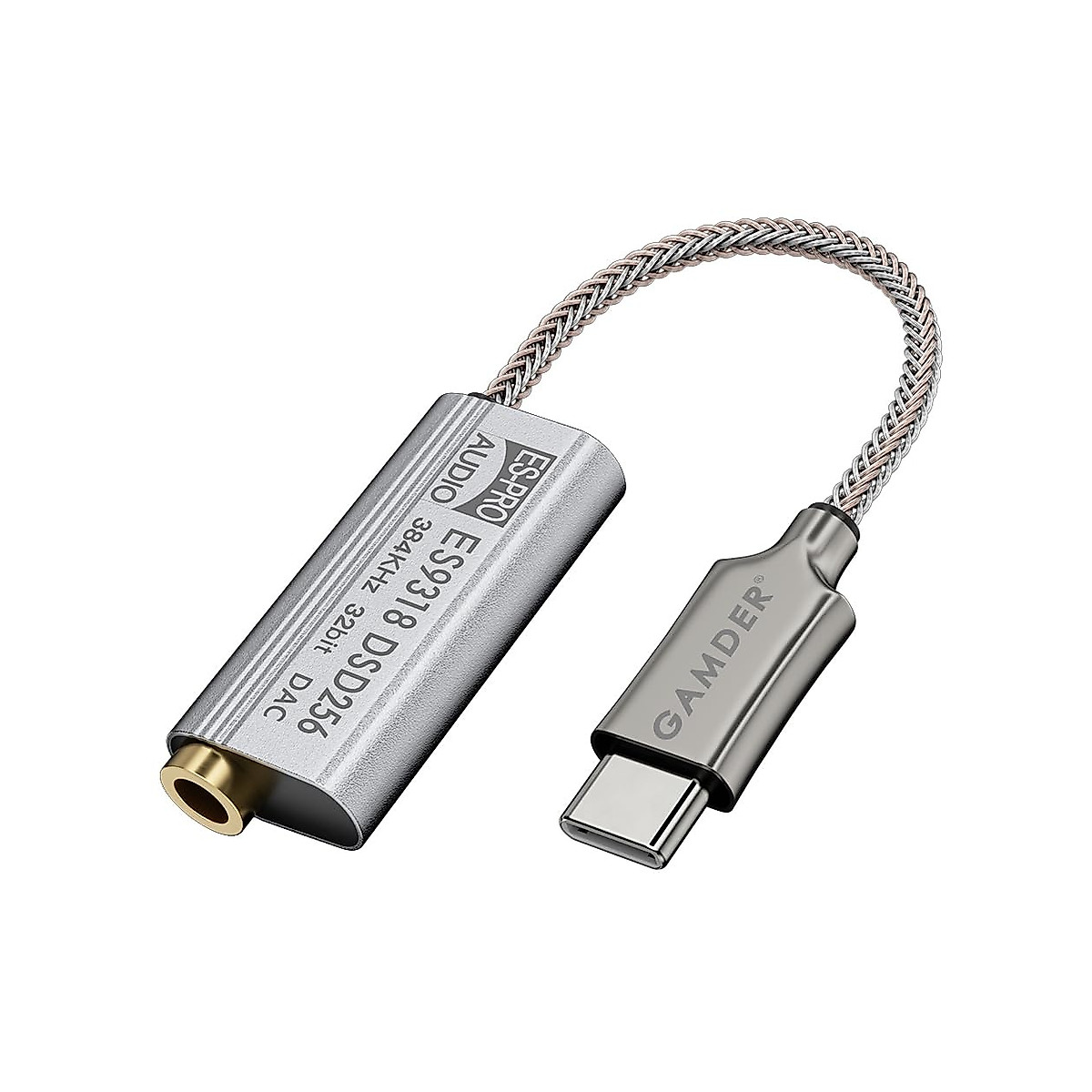 GAMDER USB Type C to 3.5mm DSD256 Hi-Fi Audio Chip Decoder 32bit 384kHz Headphone Amplifier Adapter DAC for Android Phone Mac Windows 10 （ES9318 Chip)