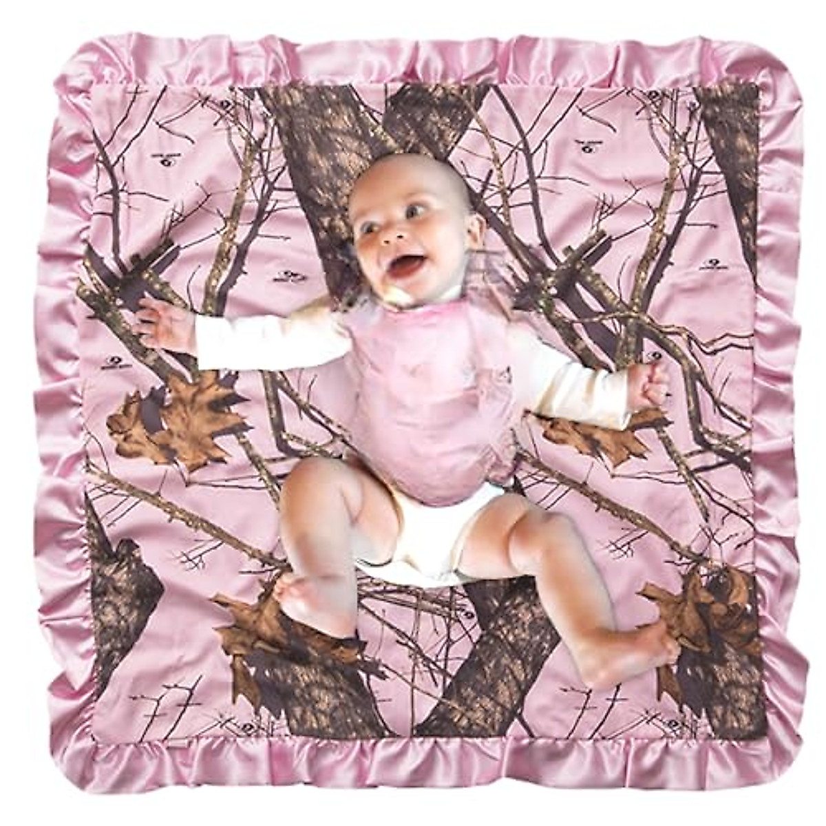 Mossy Oak BU Pink Hunting Camo Baby Blanket, Super Soft Carstens Microfur Back and Satin, Bow, Newborn Pink Camouflage Gift Blanket