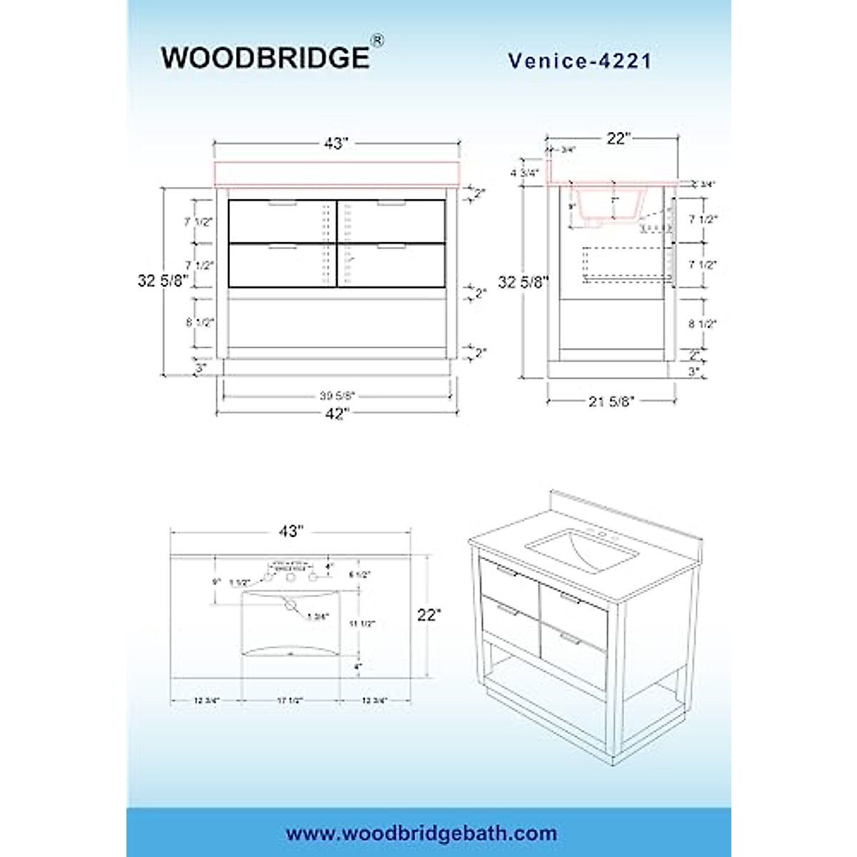Woodbridge Venice-4221-White-BN+ CAVT4322-8 Vanity with top, 43"x22", White with Brushed Nickel Trim