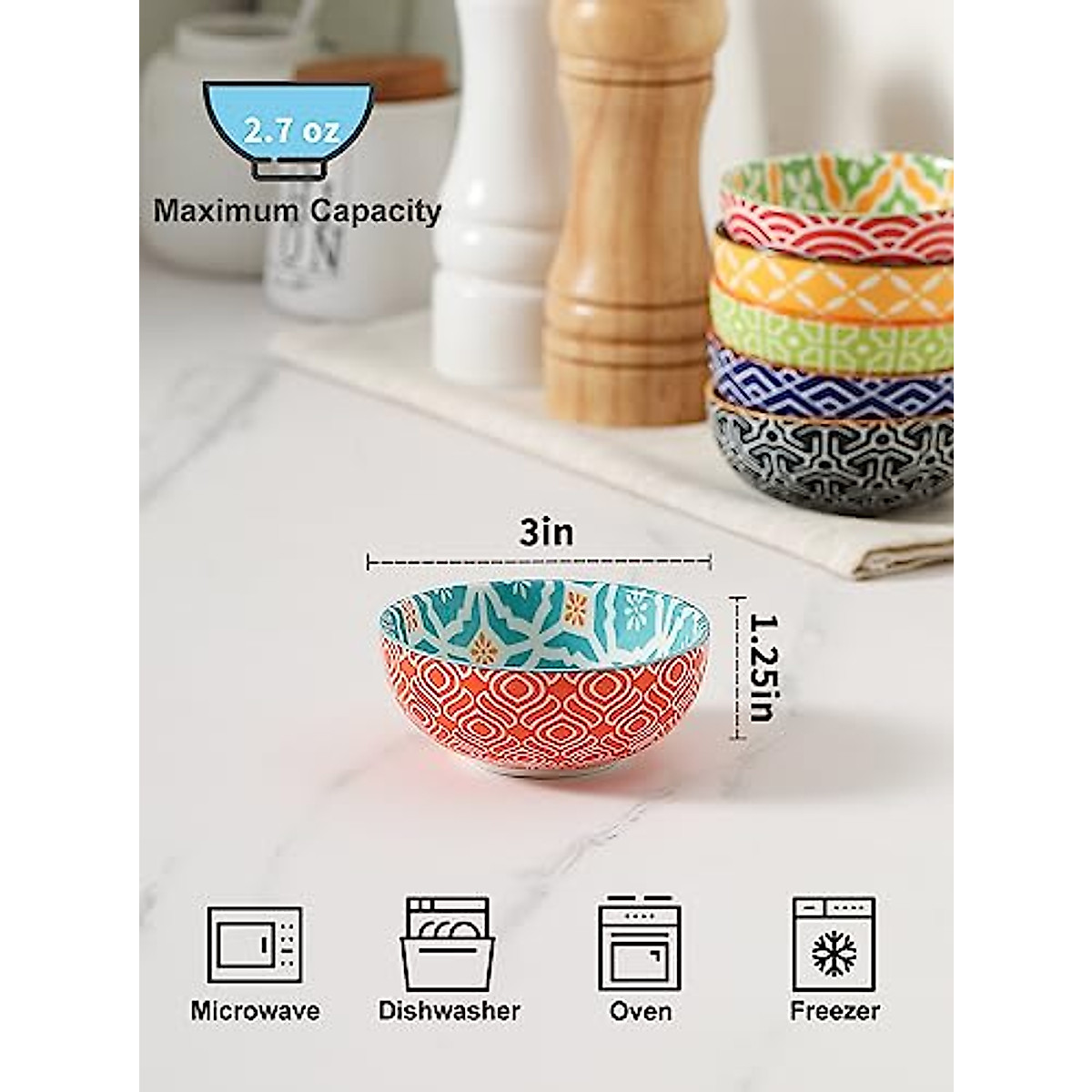 Metahom Ceramic Dipping Bowls, Dipping Sause Dish for Soy Sauce, 3 Inch Mini Bowl Set for Condiments, Sushi, Appetizers, Side Dish, Set of 6