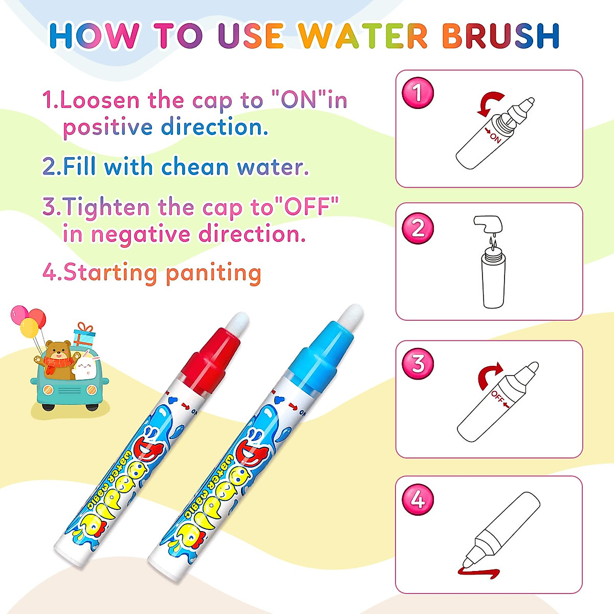 Water Doodle Mat Toys for Ages 2-4, 40 X 30 Inch Large Water Painting Doodle Drawing Mat, Toddler Toys for Age 3 4 5 6 7 Year Old Girls Boys Birthday Gift, Mess Free Coloring Painting Learning Toys