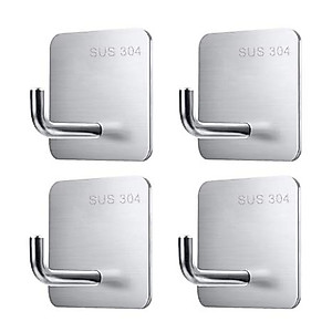 Wall Hooks Adhesive Heavy Duty Outdoor Christamas Hooks for Ornaments Stocking Waterproof Stainless Steel Door Bathroom and Bedroom for Hanging Bags, Key, Coat, Hat, Towel Robe Rack Hanger - 4 Packs