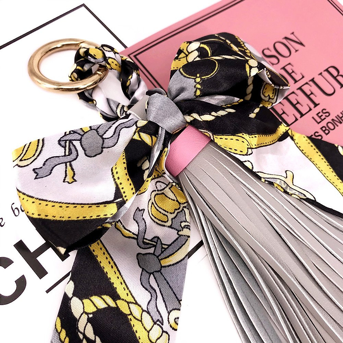 QTMY Silk Ribbon Bow Tassel Bag Pendant Charm Keyring Keychain for Women Purse Handbag Decor (Gray)