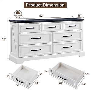 ACCOHOHO 7 Drawer Dresser, Farmhouse Chest of Drawers for Bedroom, 52" Wide Dresser TV Stand with Large Metal Handle, Modern Wood Drawer Organizer for Living Room, Hallway, Closet - Off White
