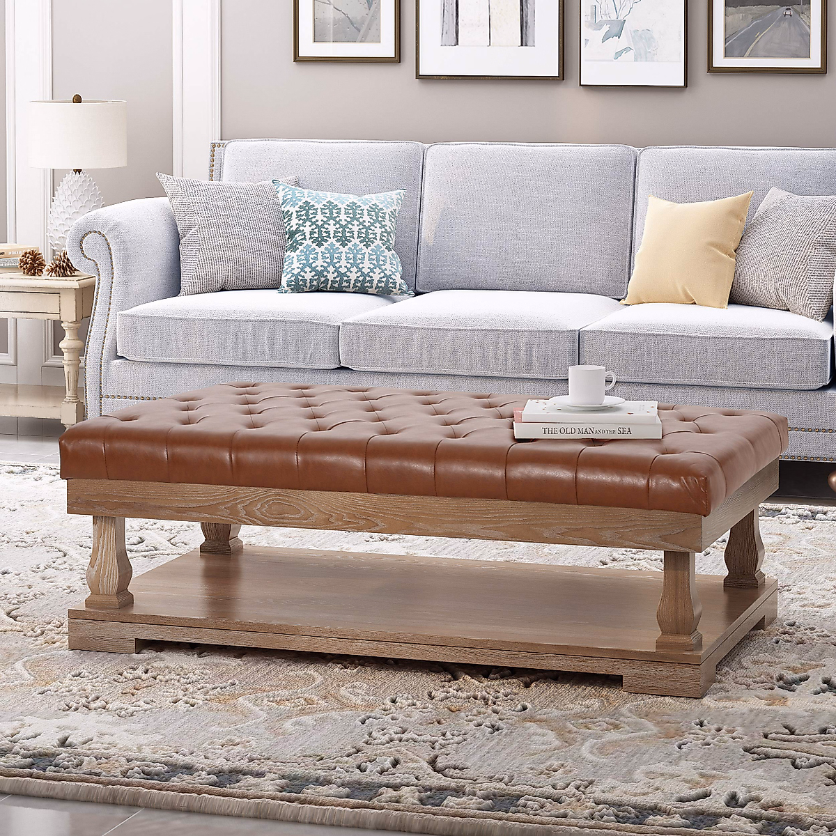 Christopher Knight Home Gavin Contemporary Upholstered Rectangular Ottoman, Cognac Brown and Weathered