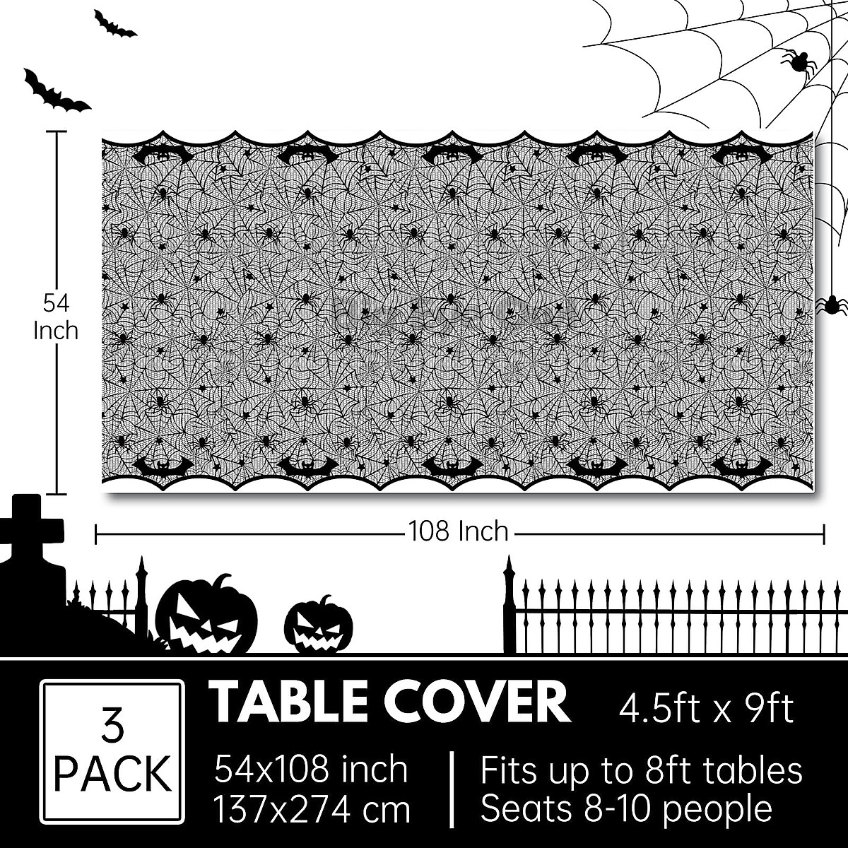 3 Pcs Halloween Spider Web Tablecloth Plastic Black Disposable Rectangle Scary Bat Table Cloths for Birthday Party Decoration Supplies 54 * 108 Inch
