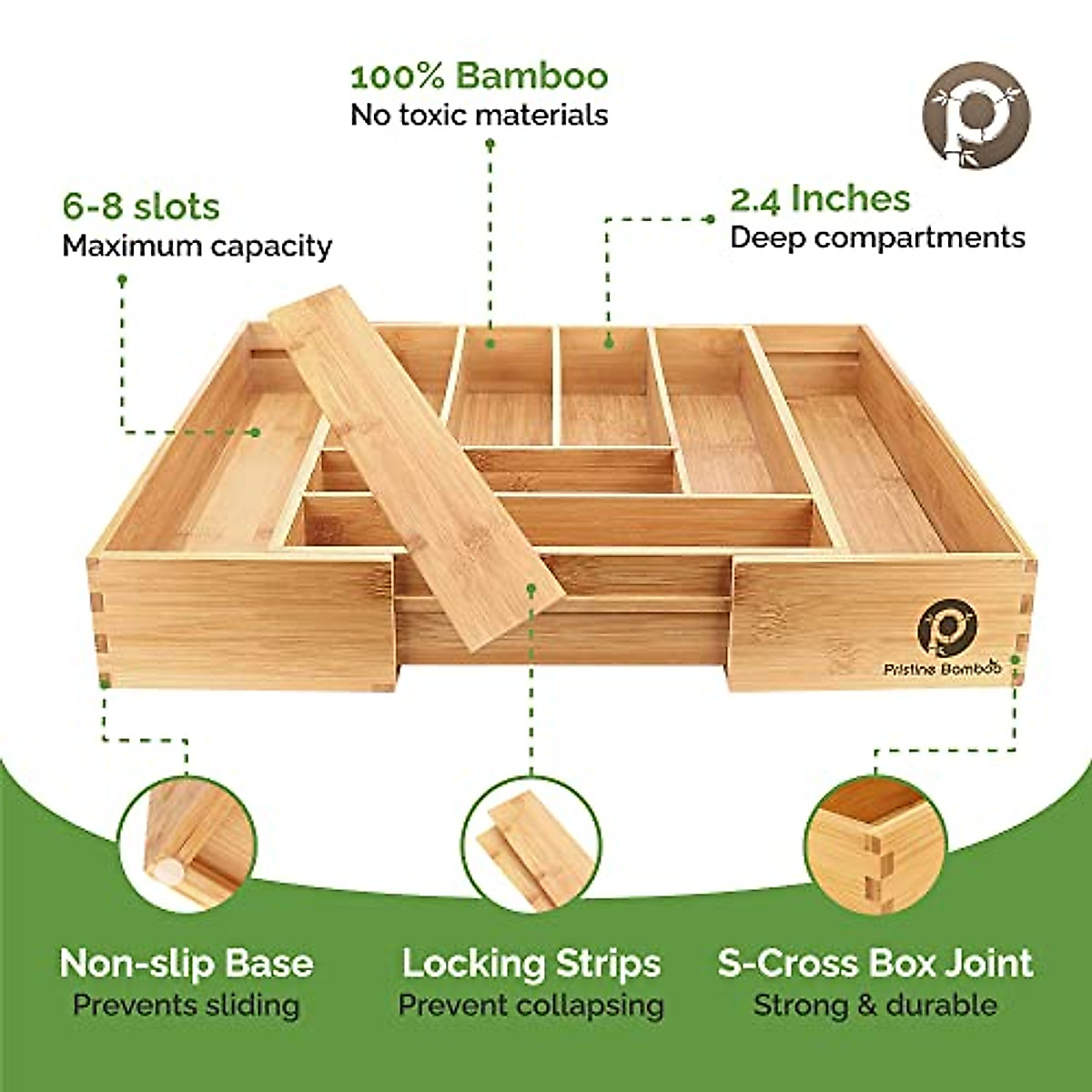 Pristine Bamboo Silverware Tray for Drawer Organizer - Kitchen Drawer Organizer - Cutlery Organizer - Silverware Organizer, Flatware Silverware Holder, Expandable Adjustable Wooden Dividers (8-Slots)