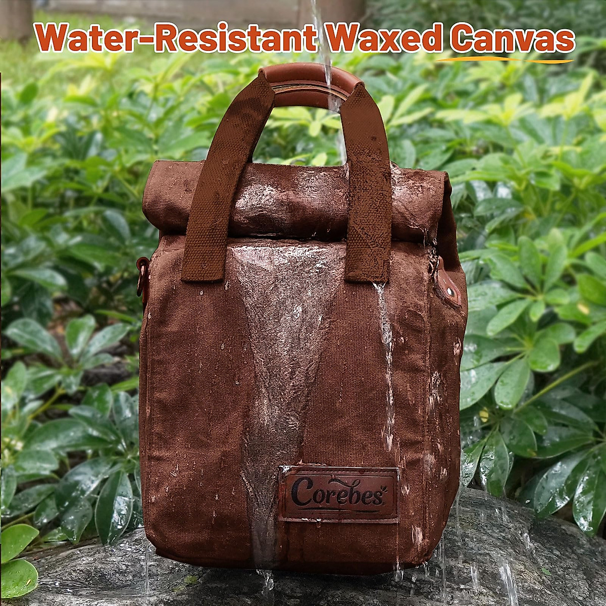 Corebes Insulated Lunch Bag for Men/Women, 11L Waxed Canvas Lunch Box with Adjustable Shoulder Strap & Double Hook-and-Loop Handles for Work Picnic Hiking Brown