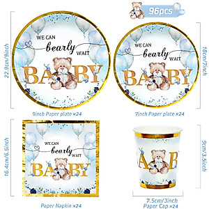 Teddy Bear Baby Shower Plates Napkins Tableware - We Can Bearly Wait Party Decorations Blue Teddy Bear Disposable Paper Plates Napkins Cups for Boy Girl Baby Shower Birthday Party Supplies