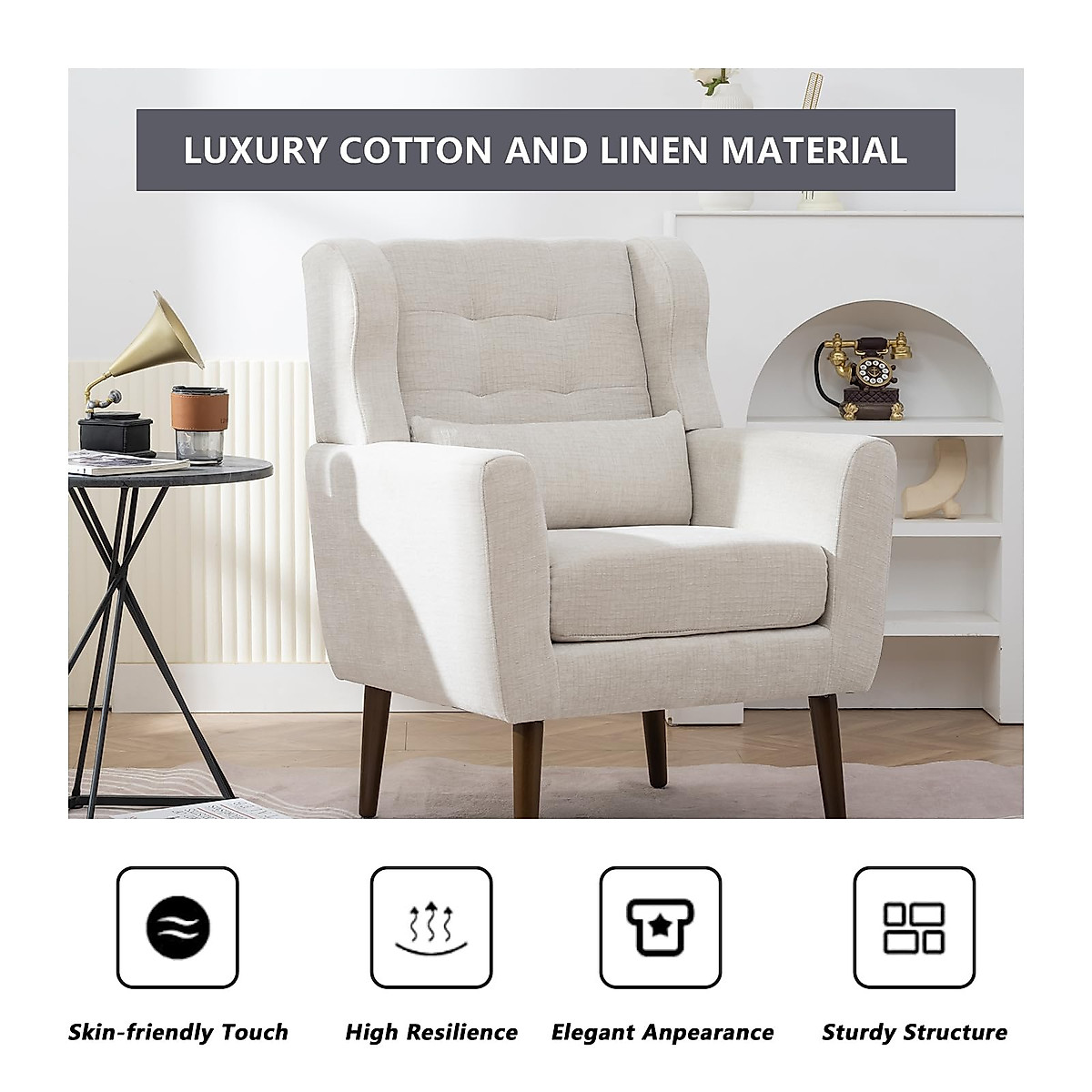 Lefosure Modern Accent Chairs,Upholstered Arm Chairs with Pillow,Mid Century Sofa Chairs with Chenille Fabric,Comfy Reading Chair for Living Room,Bedroom (Beige, Set of 2)