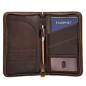 Polare Full Grain Leather Passport Holder With YKK Zipper RFID Blocking Travel Document Organizer Ticket Holder Cover Case Holds 2 Passports (Dark Brown)