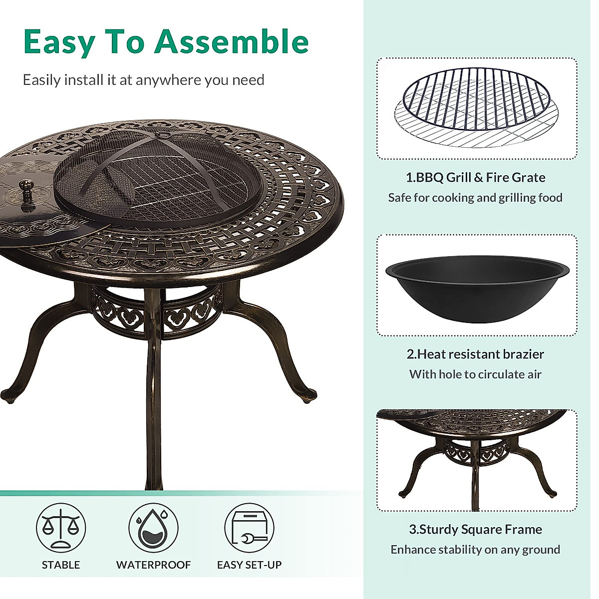 VIVIJASON 40.3" Patio Round Fire Pit Dining Table Charcoal/Wood Burning Outdoor Cast Aluminum Furniture Table with Fire Bowl, Cooking BBQ Grill, Wood Grate, Spark Screen and Poker for Backyard Lawn