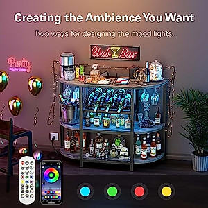 Zarler Bar Table Cabinet with Power Outlet, LED Home Mini Bar for Liquor and Glasses, Metal Wine Bar Stand with 4-Tier Storage, Grey