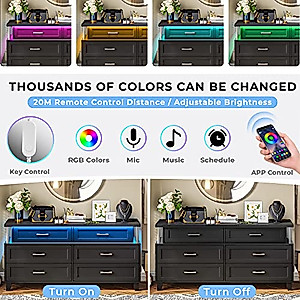 VIAGDO Dresser for Bedroom, 6 Drawer Dresser with LED Light, Modern Chest of Drawers, Wood Black Dresser for Living Room, Entryway and Hallway