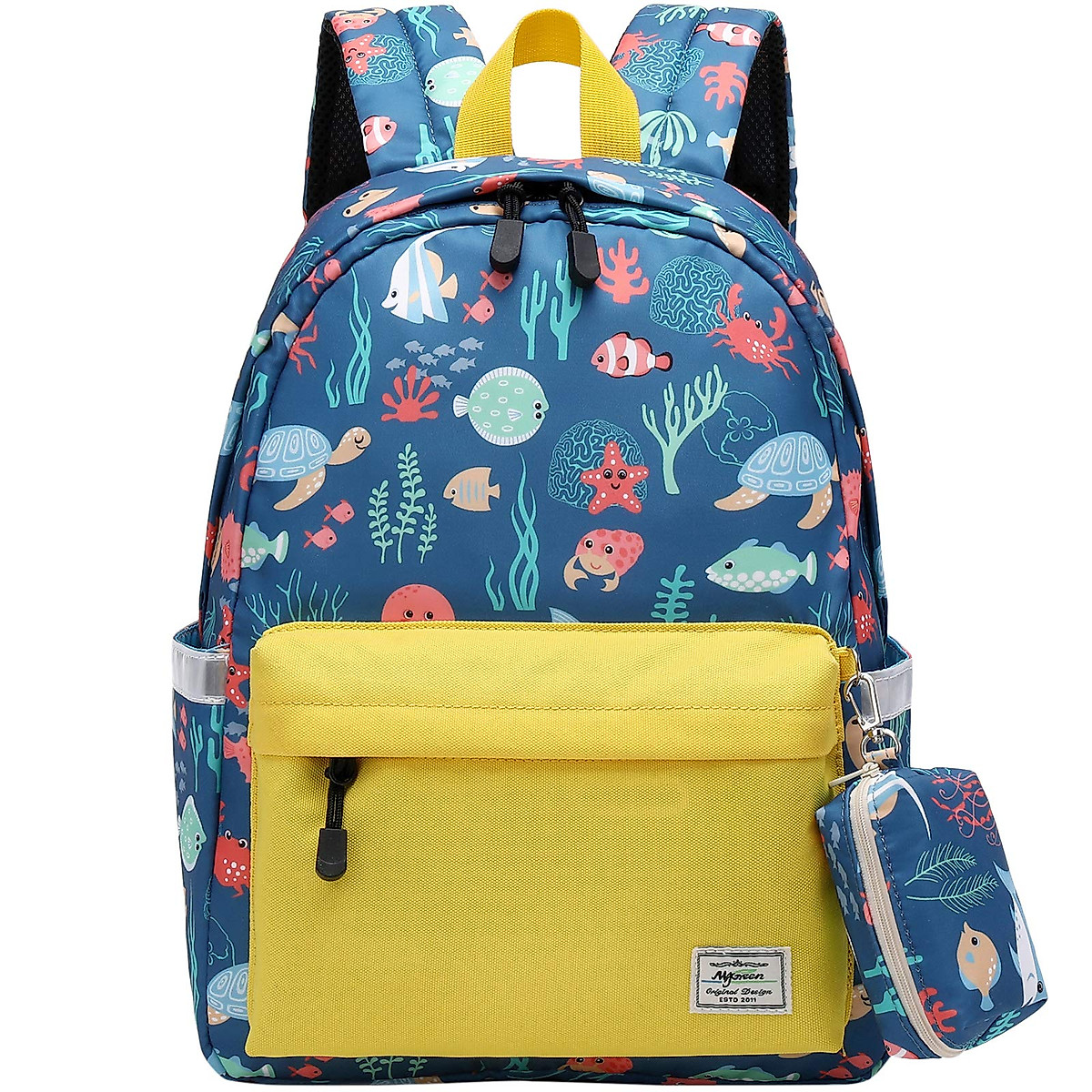 Mairle Little Kids Backpack Preschool Kindergarten School Bag for Boys and Girls with Chest Strap, Sea World Print, Dark Blue/Yellow
