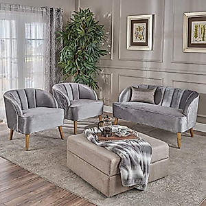 Christopher Knight Home Amaia Modern Velvet Chat Set, 3-Pcs Set, Pewter / Walnut